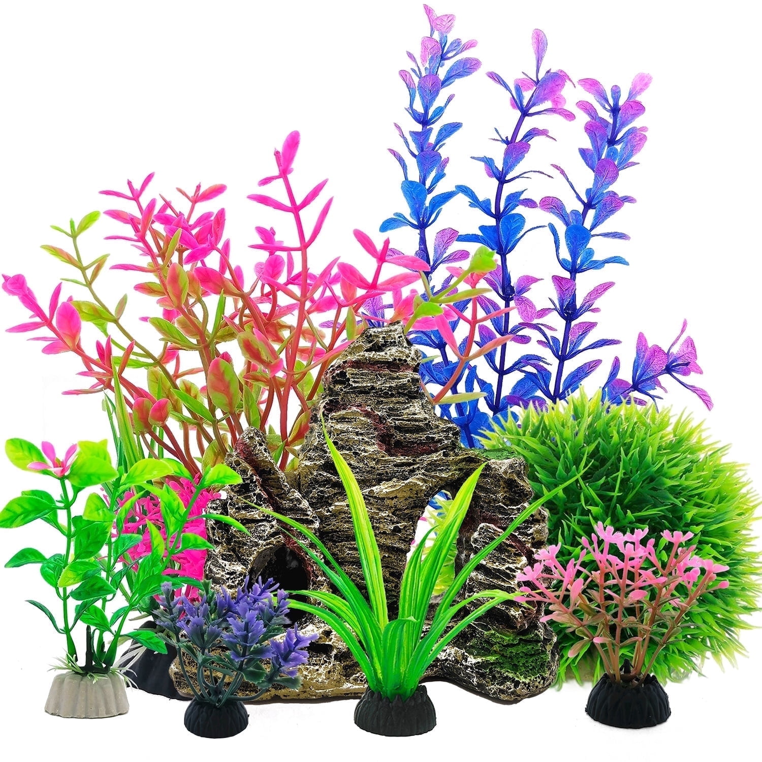 SLOCME Aquarium Plants & Rock Cave Decor Set – 8 pcs Colorful ...