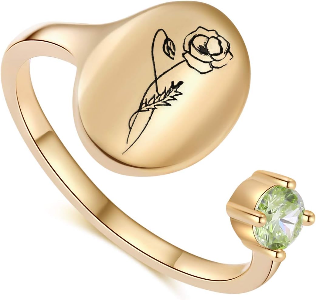 SLOONG Handmade Birth Month Flower Signet Ring 14K Gold Plated Ring ...