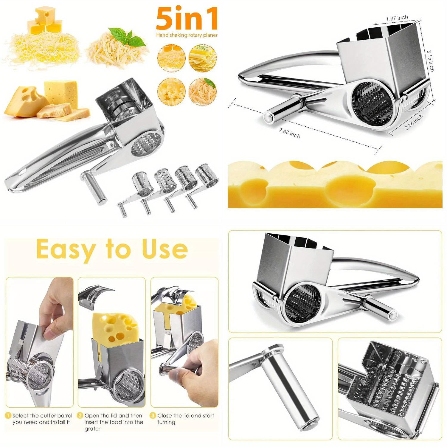 SLPJZLW 5-in-1 Stainless Steel Hand-Cranked Rotary Cheese Grater Ginger ...