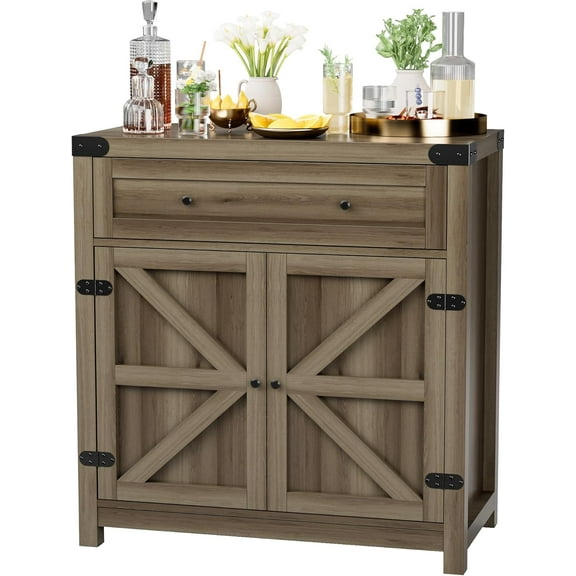 Farmhouse Coffee Bar Cabinet with 2 Doors & Drawer, Kitchen Storage ...