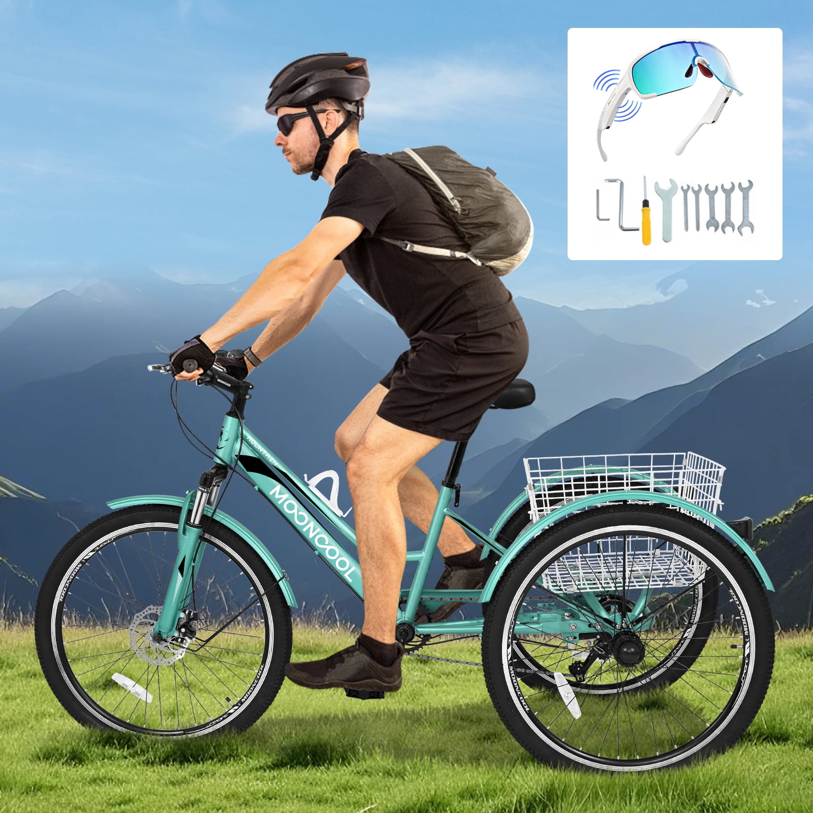 SLSY Adult Mountain Tricycle, 3-Wheeler Beach Trike Bicycle, 7-Speed 24 ...
