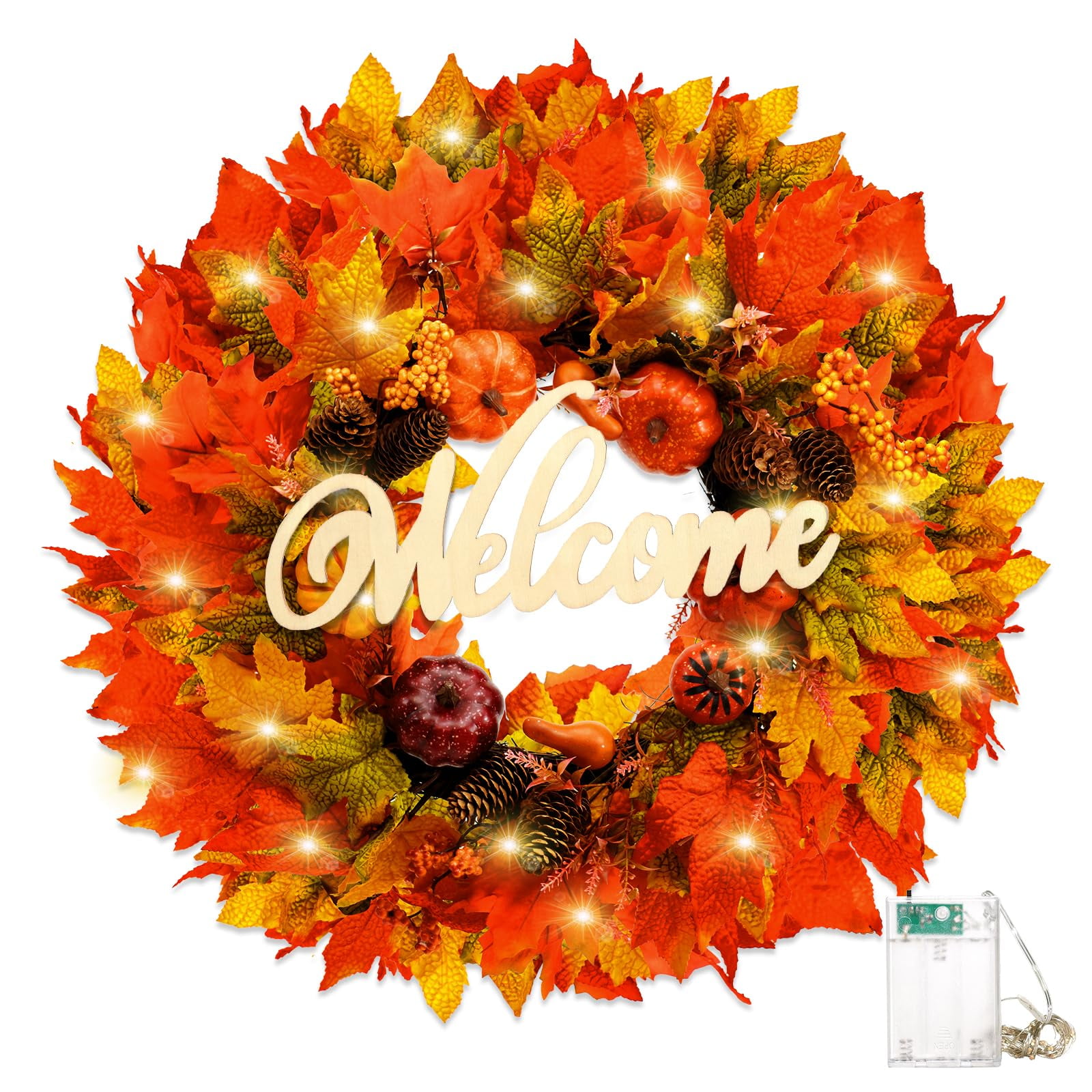 SLUMLOVE 24in Fall Wreaths for Front Door with Lights, Autumn Wreath ...