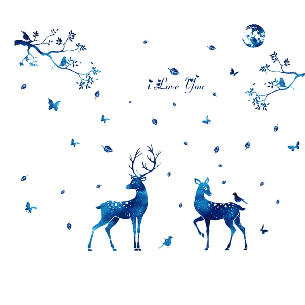 SLYNSHome Deer Wall Decals Peel and Stick,Blue Color Stars Light Deer ...