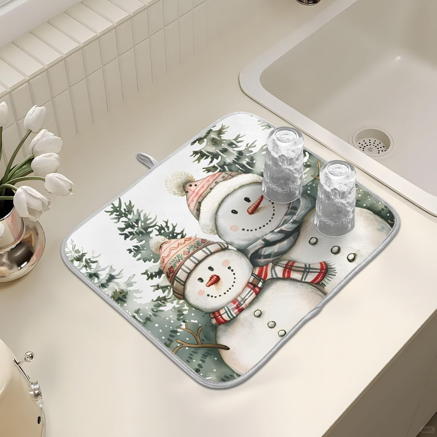 SM-XLHN Christmas Snowmen Small Dish Drying Mat Kitchen Counter 16x18 ...