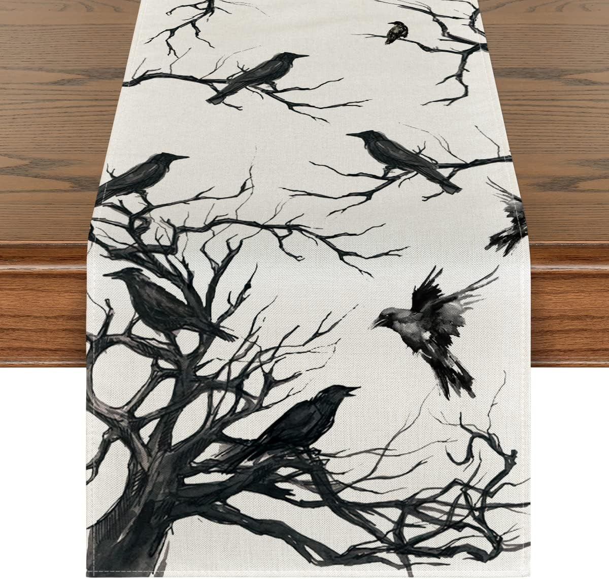 SM-XLHN Silhouette Tree Crows Halloween Table Runner, Branches Fall ...