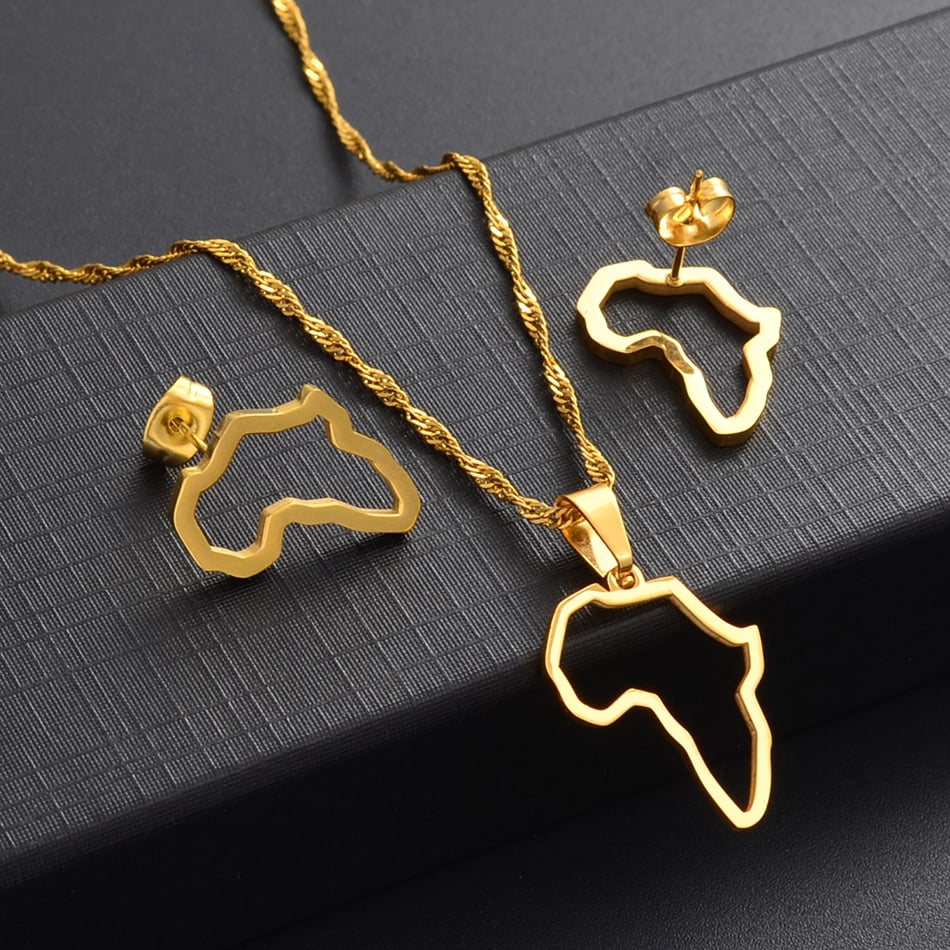 SMALL African Outline Map Necklaces Stud Earrings Sets 14k Yellow Gold ...