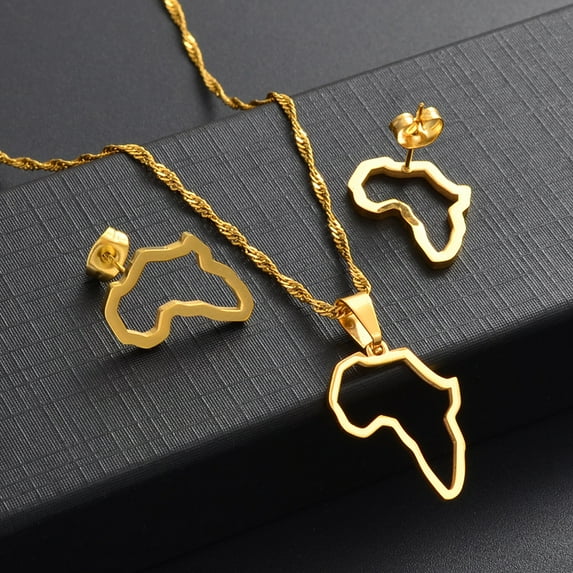 SMALL African Outline Map Necklaces Stud Earrings Sets 14k Yellow Gold Africa Map Jewelry Party ...