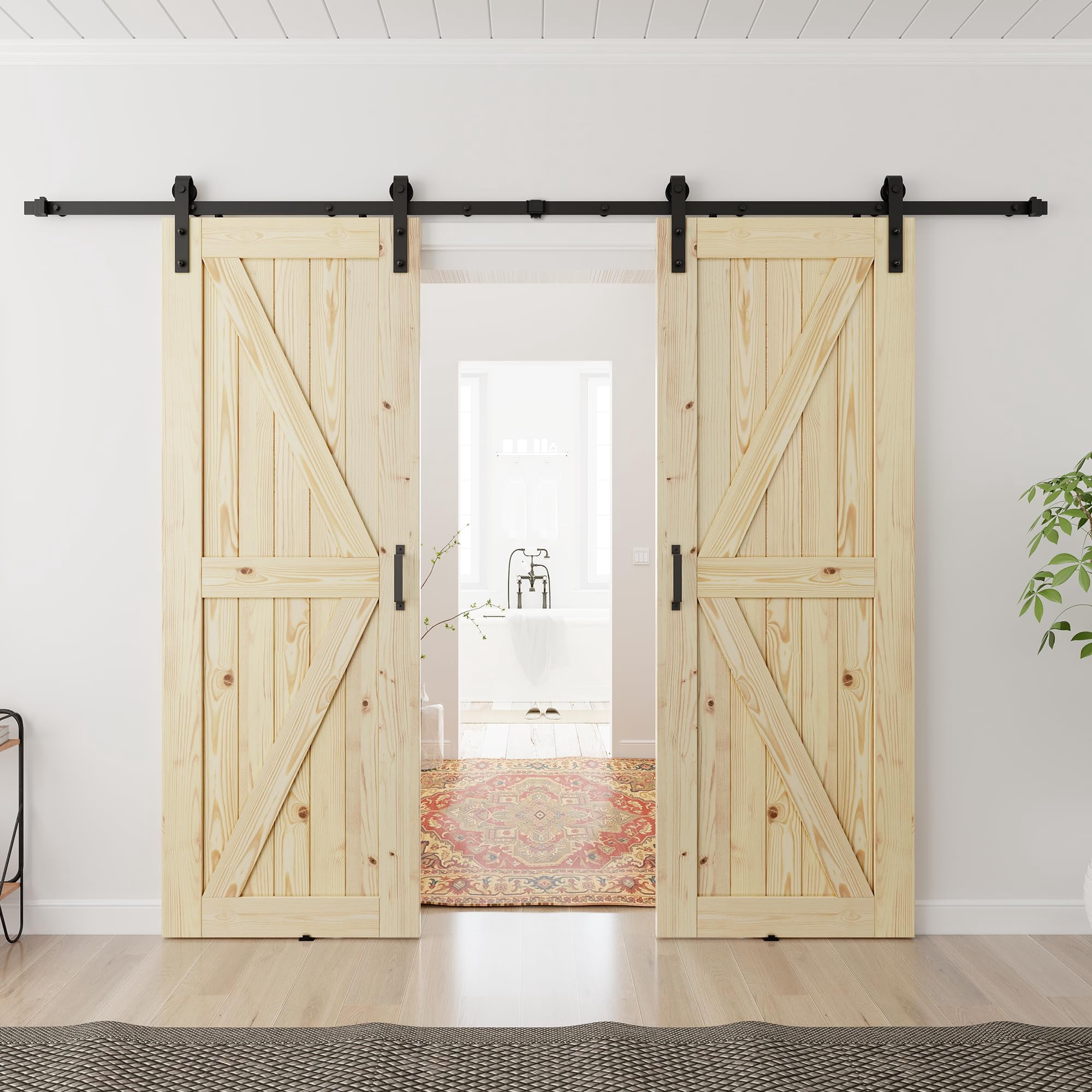 SMARTSTANDARD 32x84 inch Double Barn Door with 11ft Sliding Barn Door ...