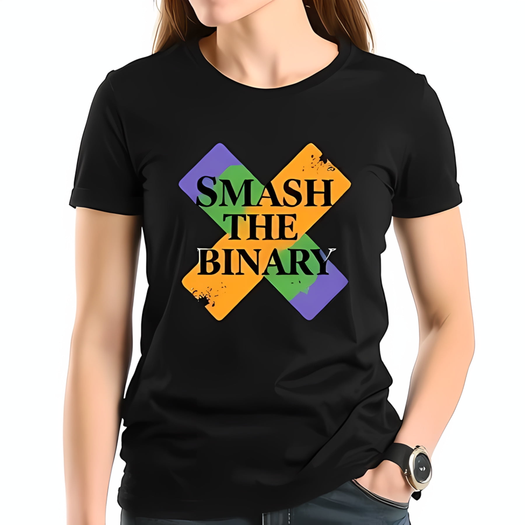 SMASH THE BINARY Cotton Short Sleeve T-Shirt - Bold Slogan with Colorful Geometric Shapes in ...
