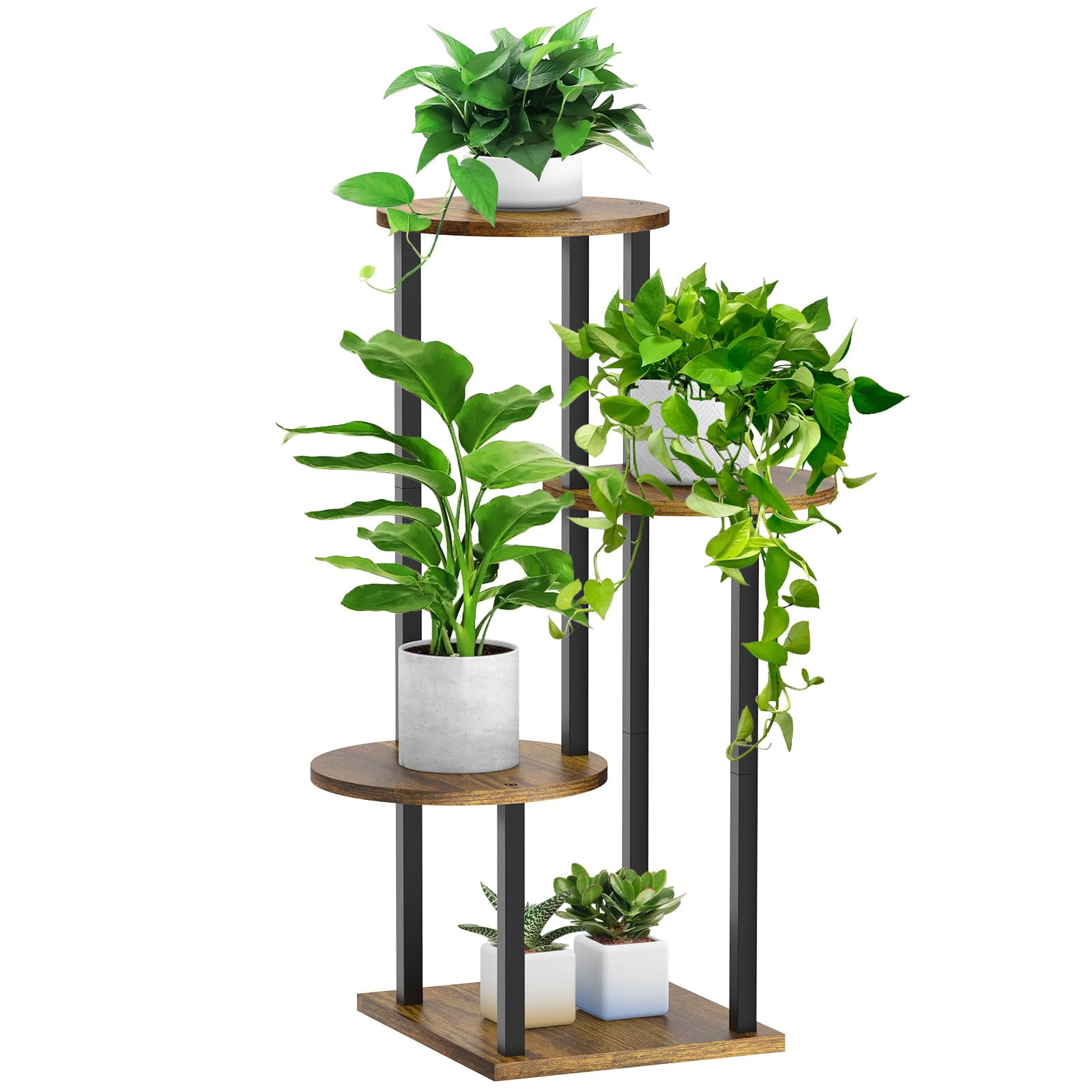 SMFANLIN 4 Tier Plant Stand Indoor, Metal Wooden Tall Plant Shelf Flower Pot Stand for Multiple ...
