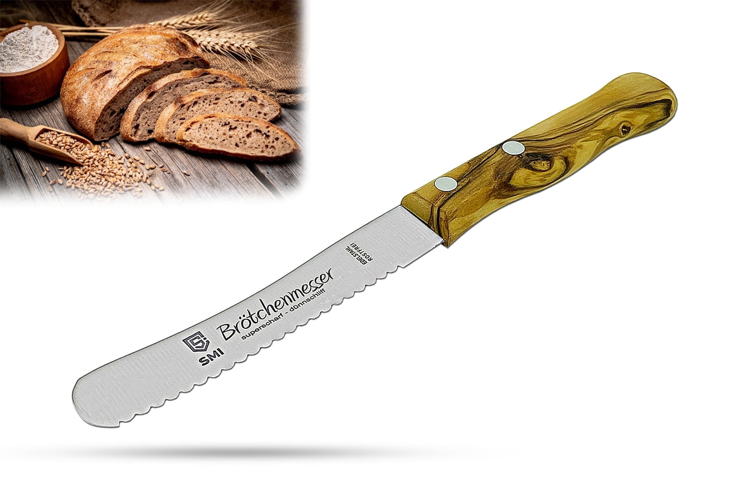 SMI Serrated Bread Knife 11.3 cm - German Stainless Steel with Olive ...