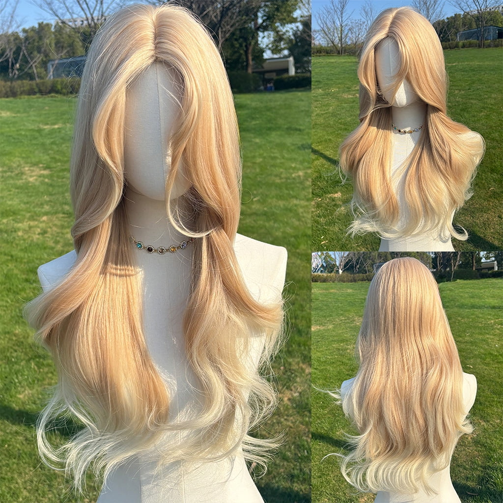 SMILCO/26Inch Light Golden-brown Long Wavy With Bangs Synthetic Wig ...