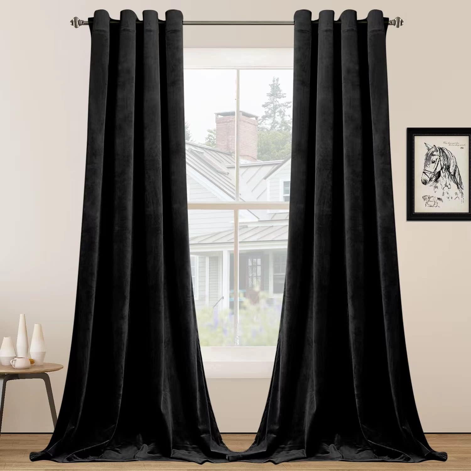 SMILETIME Black 52 x 96in Long Velvet Curtains with Grommet, Thermal ...