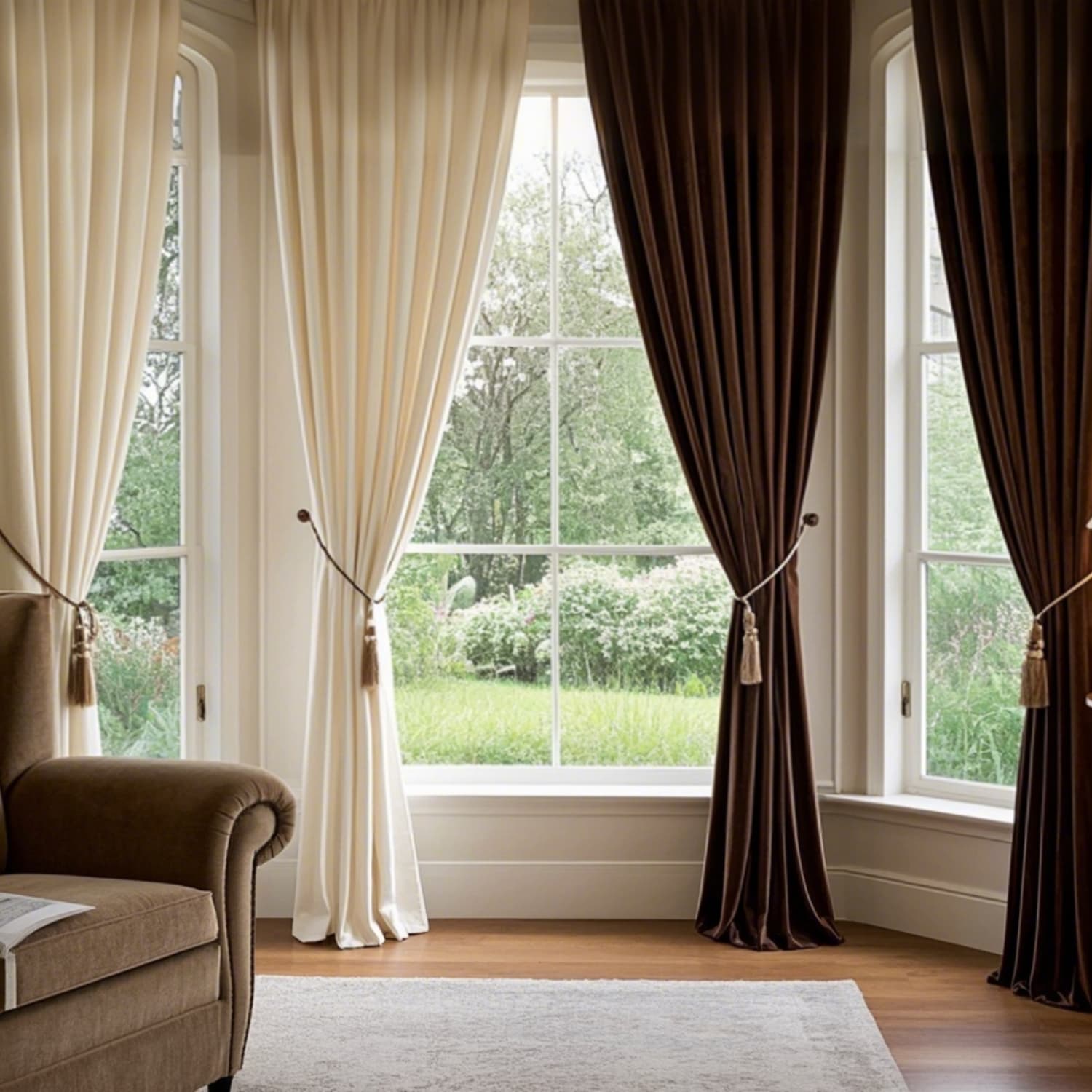 SMILETIME Brown & Ivory White Back Tab Curtains, 4 Panels Set Rod ...