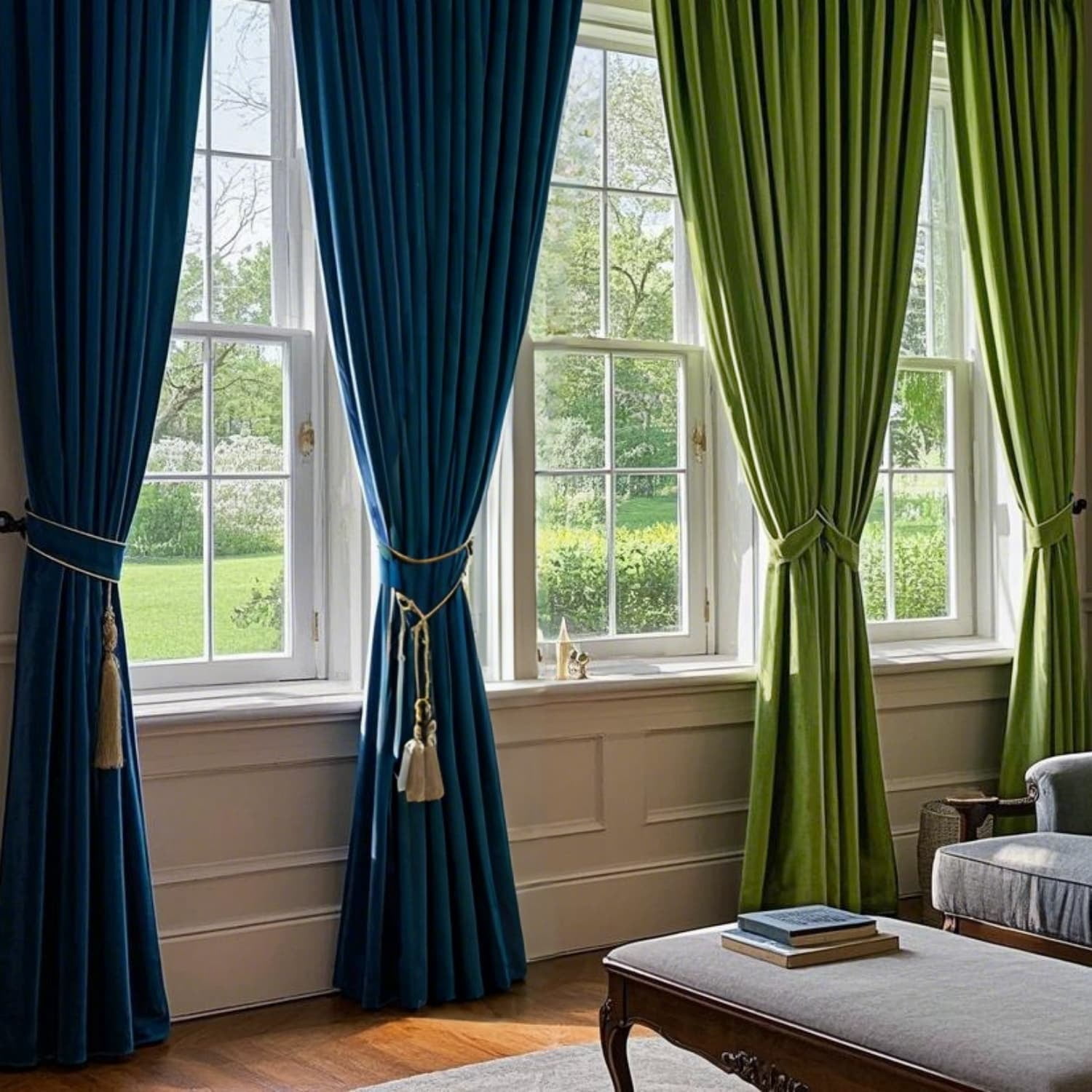 SMILETIME Green & Navy Blue Back Tab Curtains, 4 Panels Set Rod Pocket ...