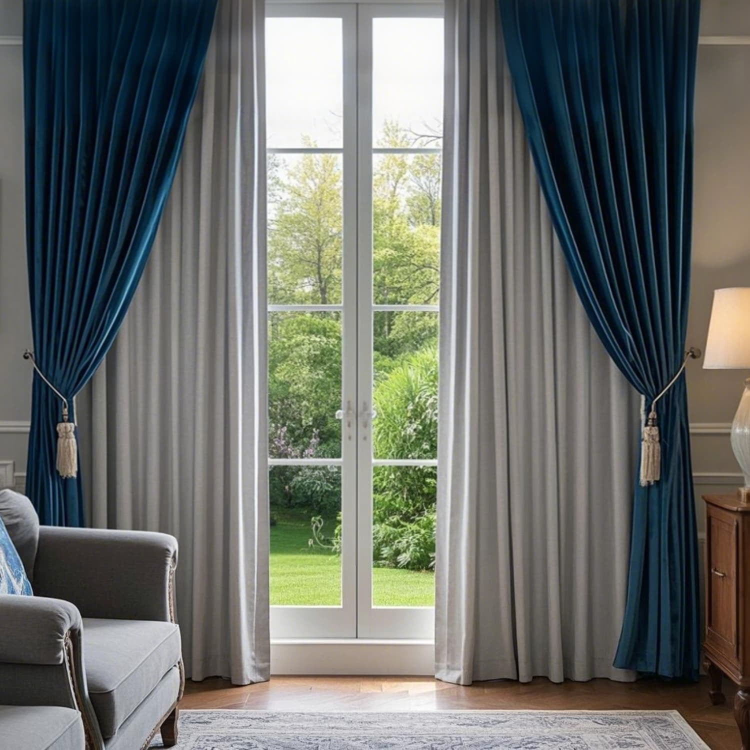 SMILETIME Grey & Navy Blue Back Tab Curtains, 4 Panels Set Rod Pocket ...