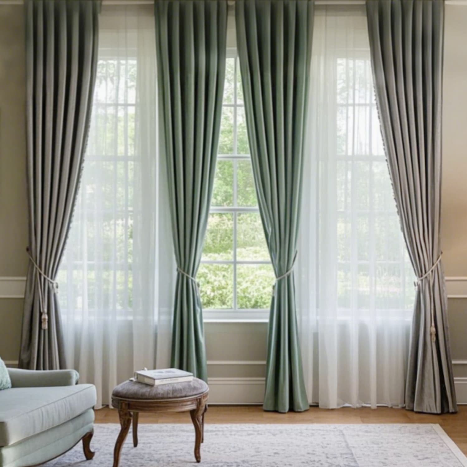 SMILETIME Grey & Sage Green Back Tab Curtains, 4 Panels Set Rod Pocket ...