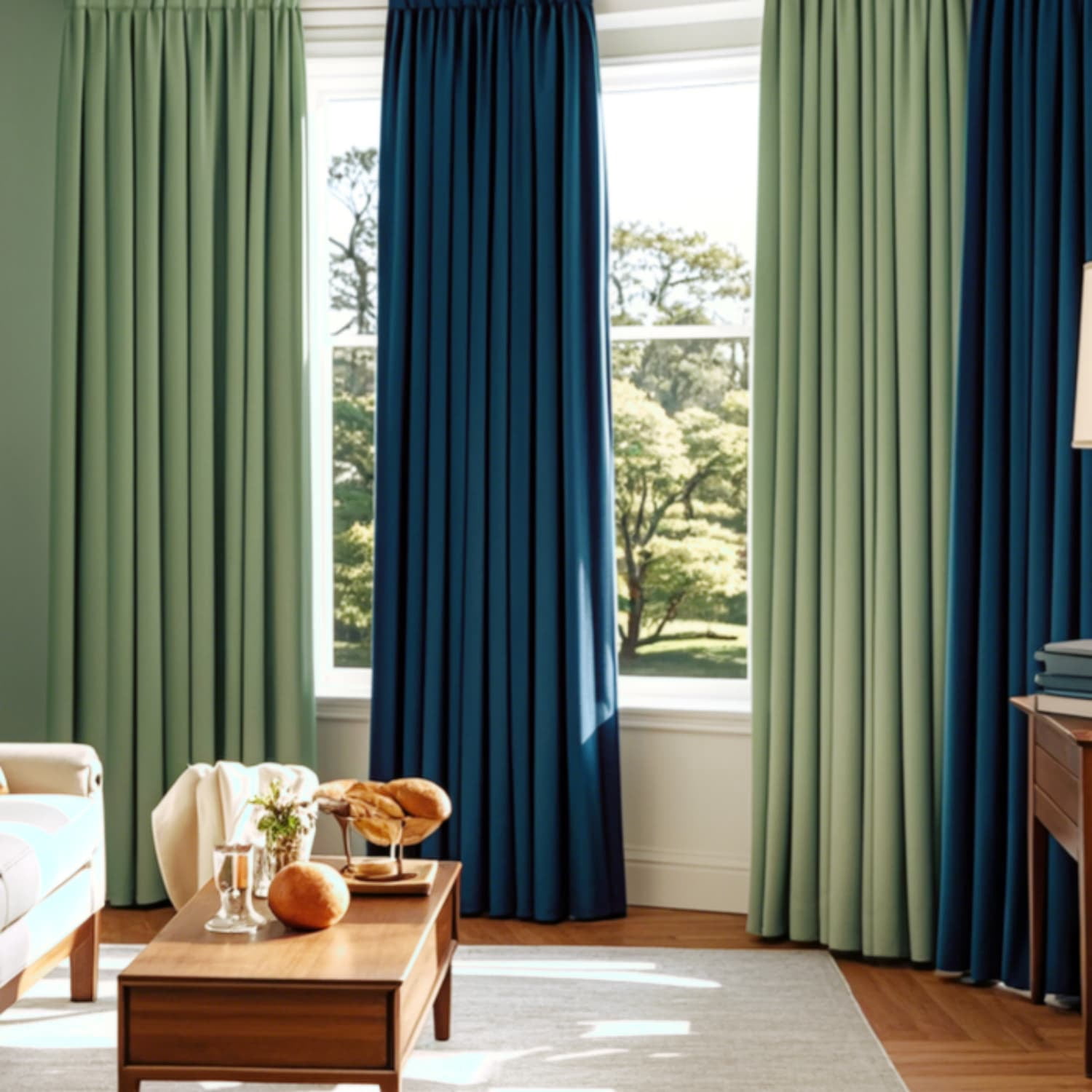SMILETIME Sage Green & Navy Blue Back Tab Curtains, 4 Panels Set Rod ...
