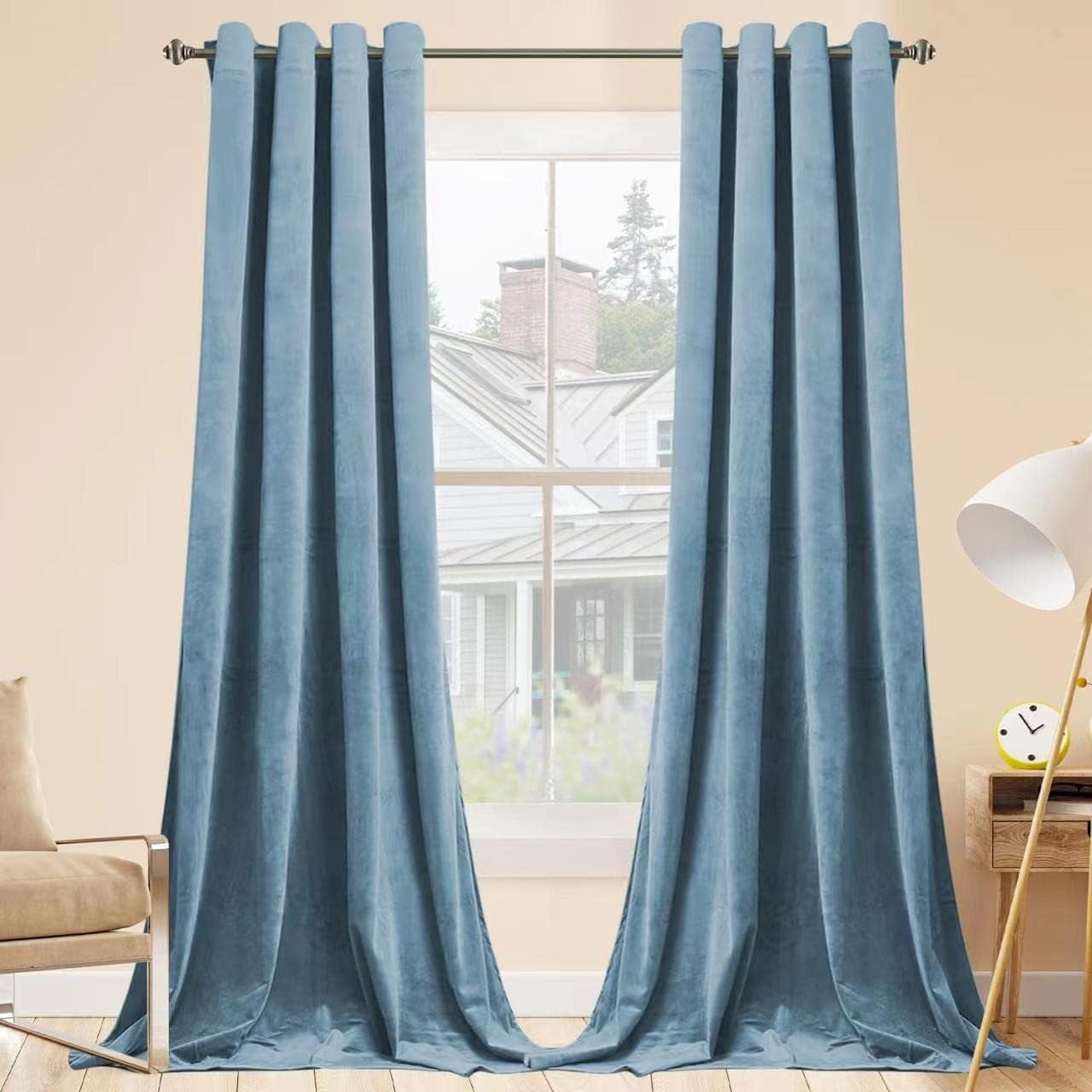 SMILETIME Sky Blue 52 x 84in Long Velvet Curtains with Grommet, Thermal Insulated Super Soft ...