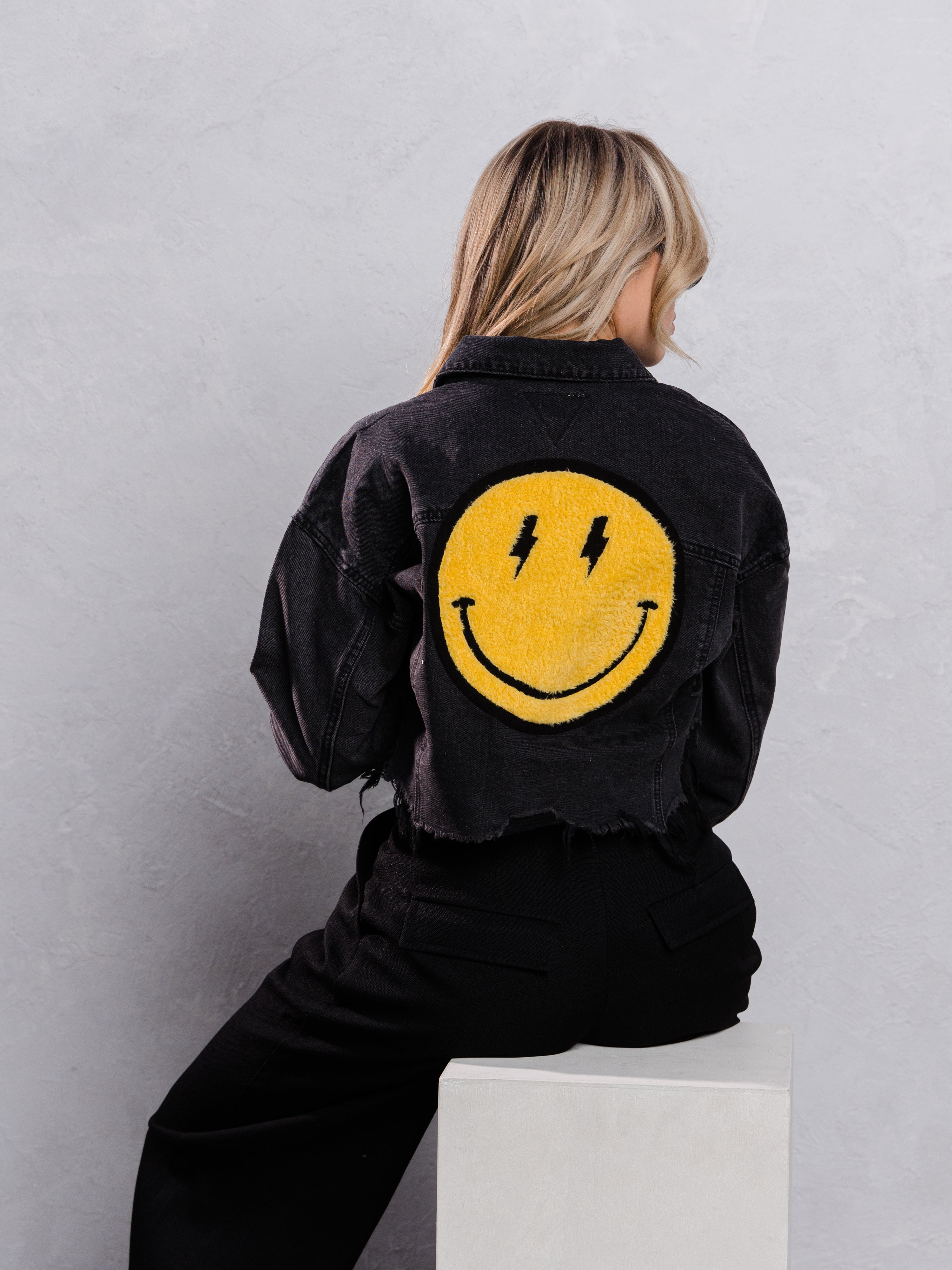 SMILEY FACE BOLT VECTOR Denim Crop Jacket - Black M/L - Walmart.com