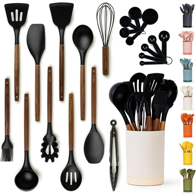 SMIRLY 22-Pc Black Silicone Kitchen Utensils Set with Wooden Tools ...
