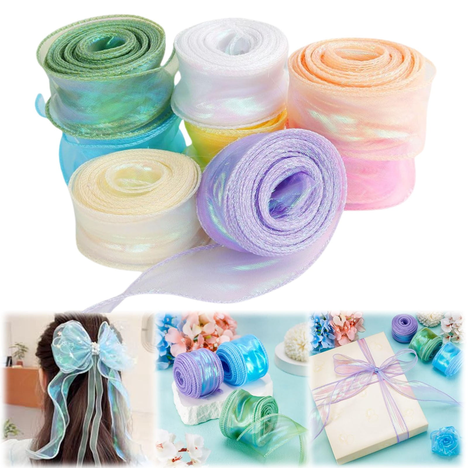SMKE 8Pc Wired Organza Ribbon,Sheer Chiffon Fabric,Craft Decor Ribbon ...