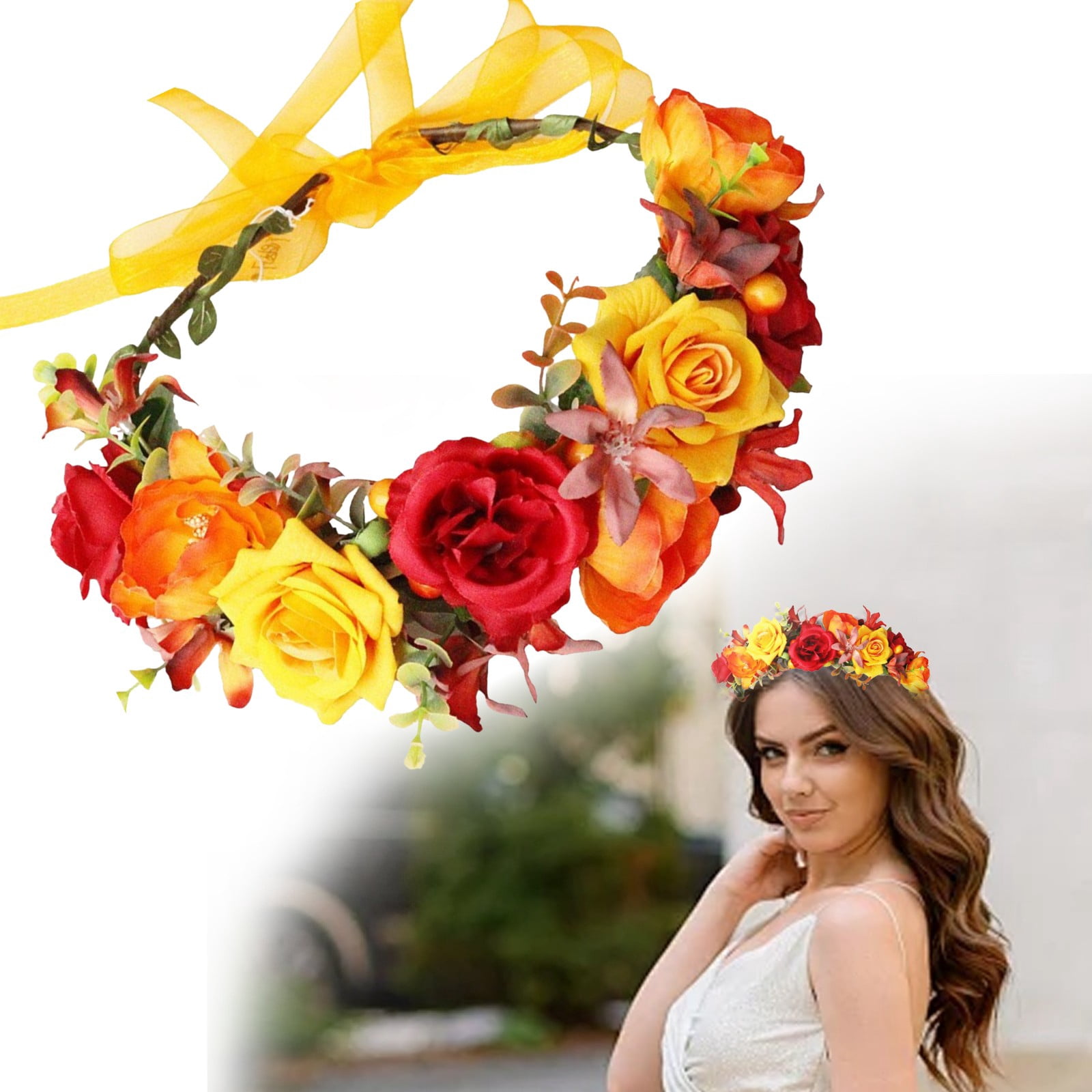 SMKE Flower Crown – Red,Yellow & Orange Floral Headband with Adjustable ...