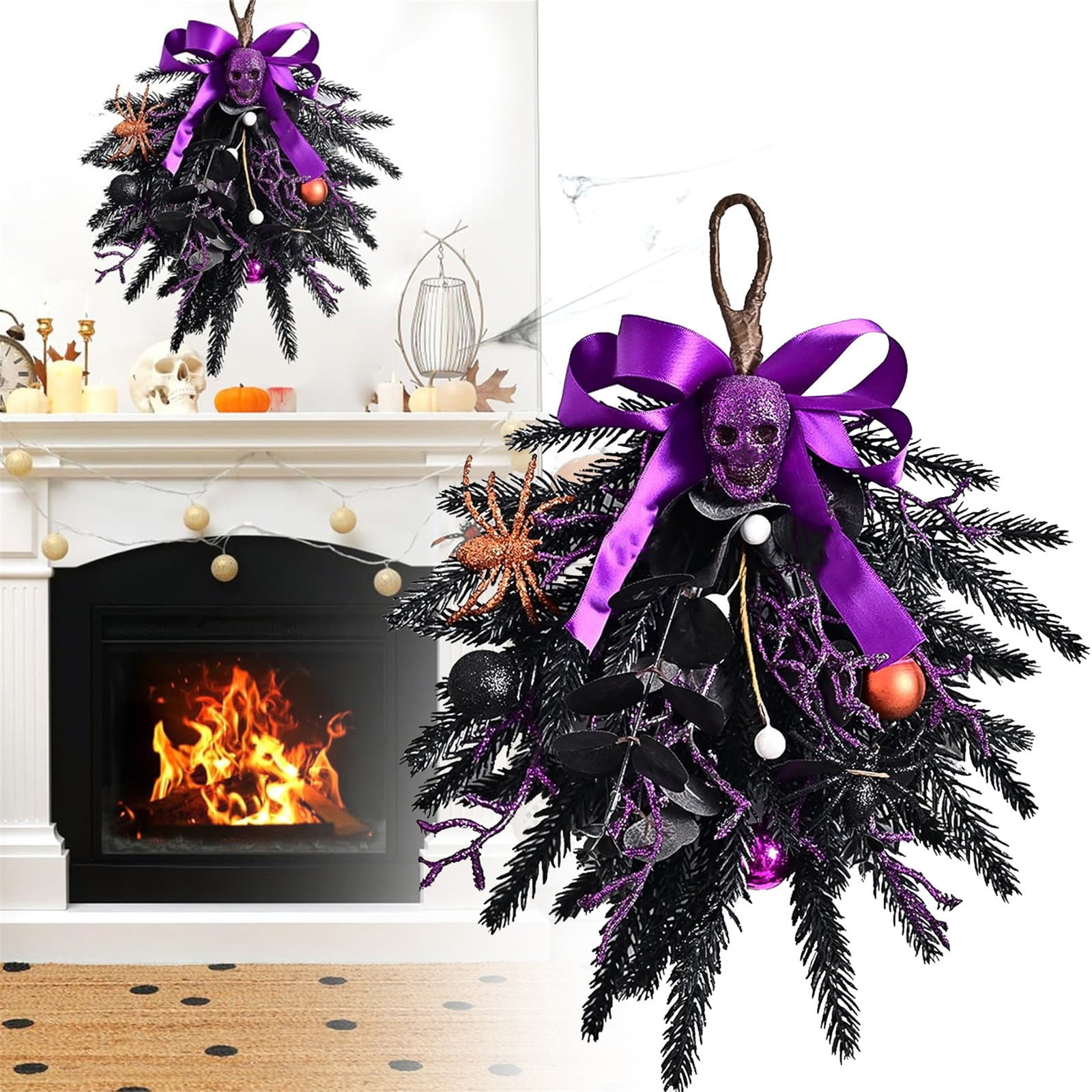 SMKE Halloween Wreath for Front Door Purple and Black Horror Theme ...