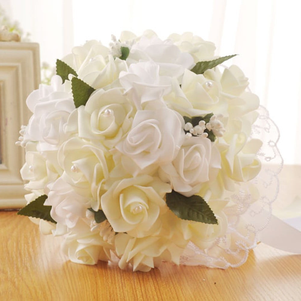 SMKE Wedding Bouquets Flower Bridal Bridesmaid Pearl Silk Artificial ...