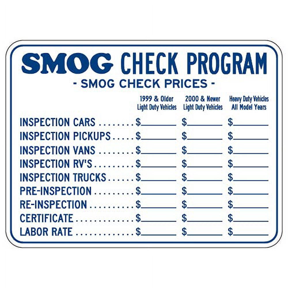 SMOG Check Program and Inspection Rates Sign - 24x18 - Non-Reflective ...