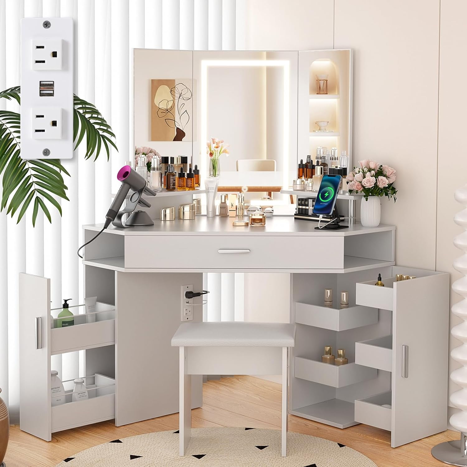 SMOOL 47" L Vanity with Lighted Mirror - Makeup Vanity Desk with Power ...