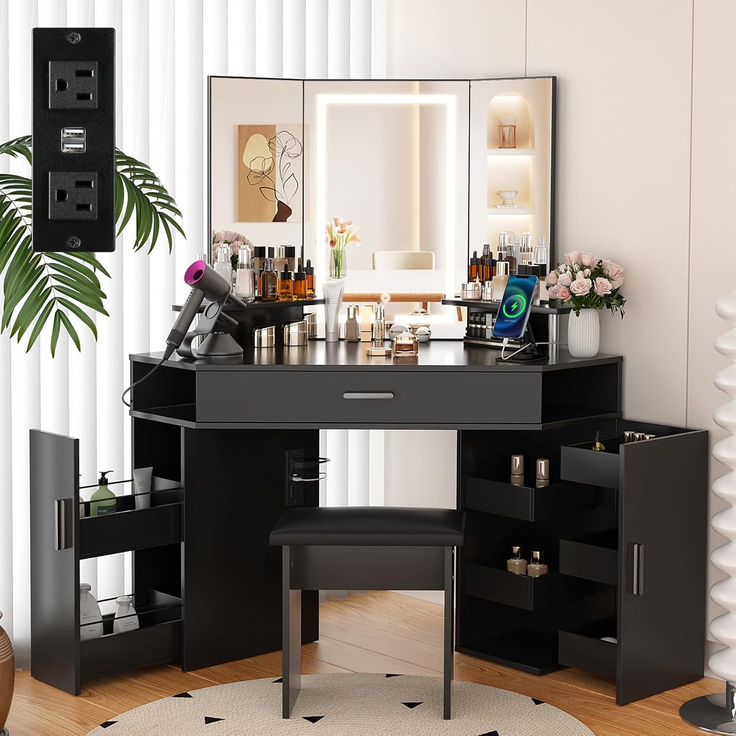 SMOOL 47" L Vanity with Lighted Mirror - Makeup Vanity Desk with Power Outlet and 3 Color ...