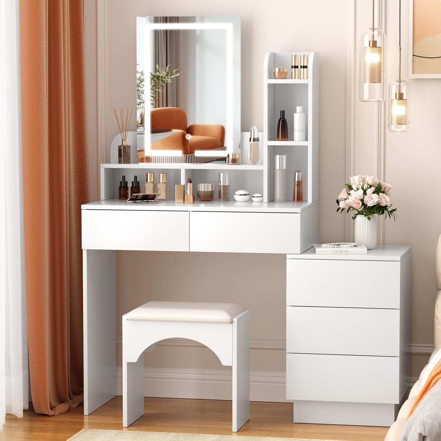 SMOOL Vanity Desk with Lighted Mirror - Makeup Vanity Table with 3 ...