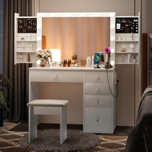 SMOOL Vanity Desk with Lights Mirror Power Outlet and Stool, Makeup ...