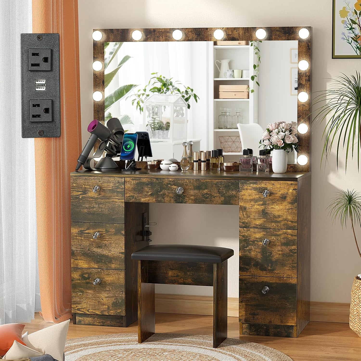 SMOOL Vanity with Lighted Mirror, Makeup Vanity Desk with Power Outlet ...
