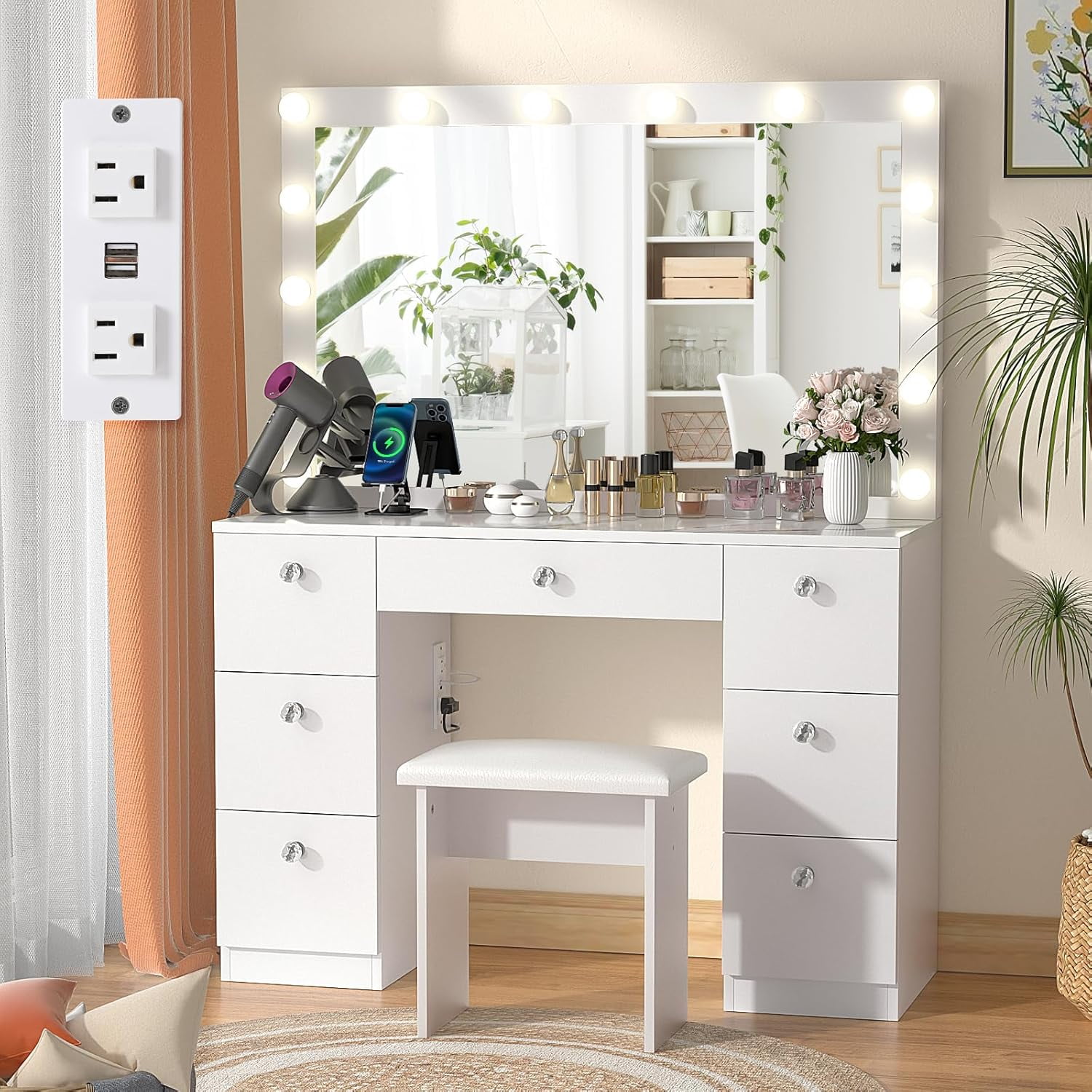 SMOOL Vanity with Lighted Mirror, Makeup Vanity Desk with Power Outlet ...