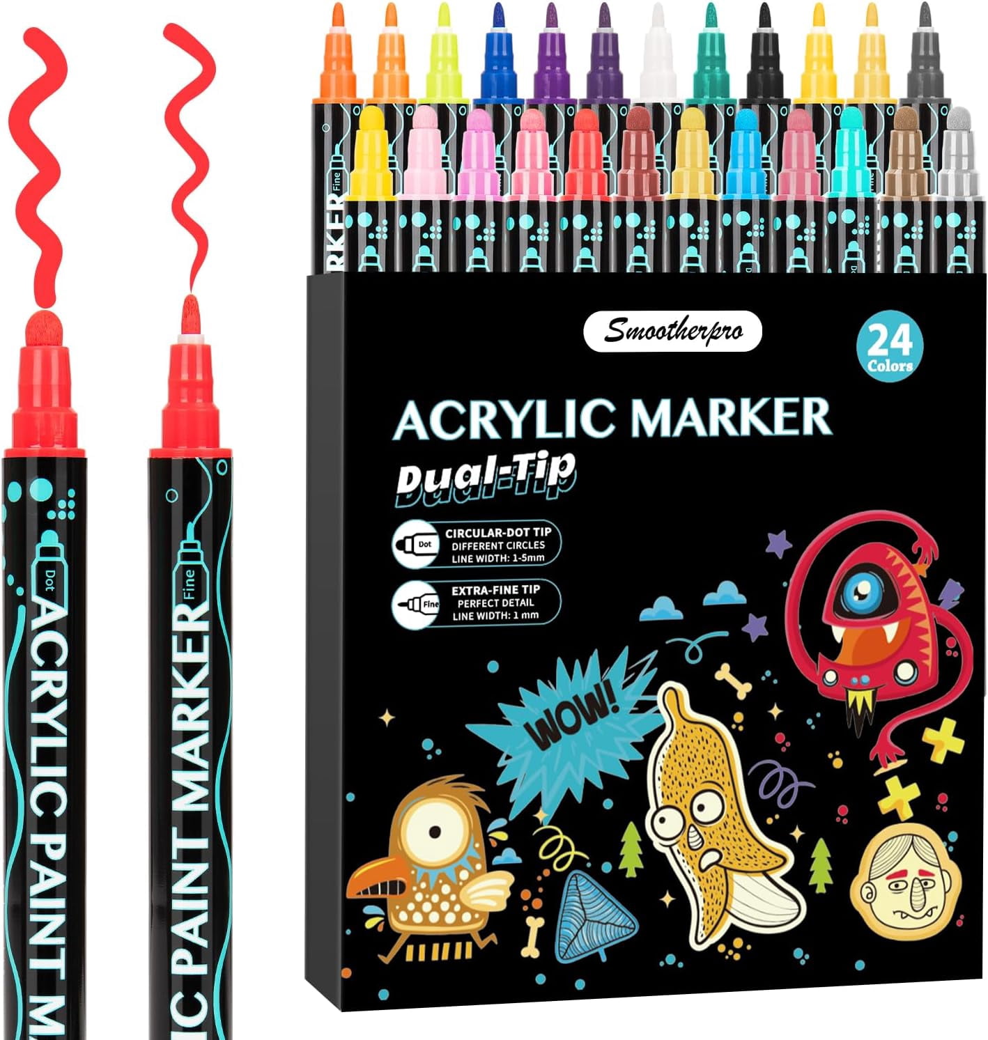 SMOOTHERPRO Pens Dual Tip 24 Colors Markers With Fine Tip Round Tip for ...