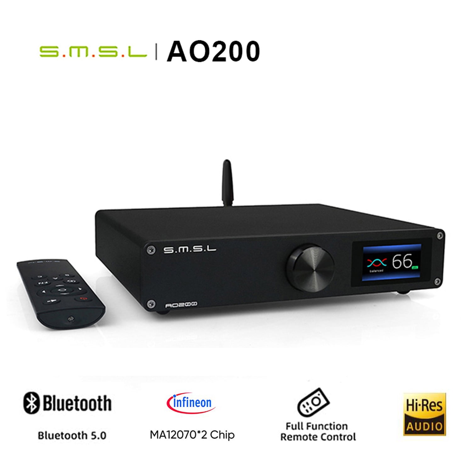 SMSL AO200 Digital Power Amplifier, MA12070x2 Chip, 150W*2, USB/XLR/RCA ...