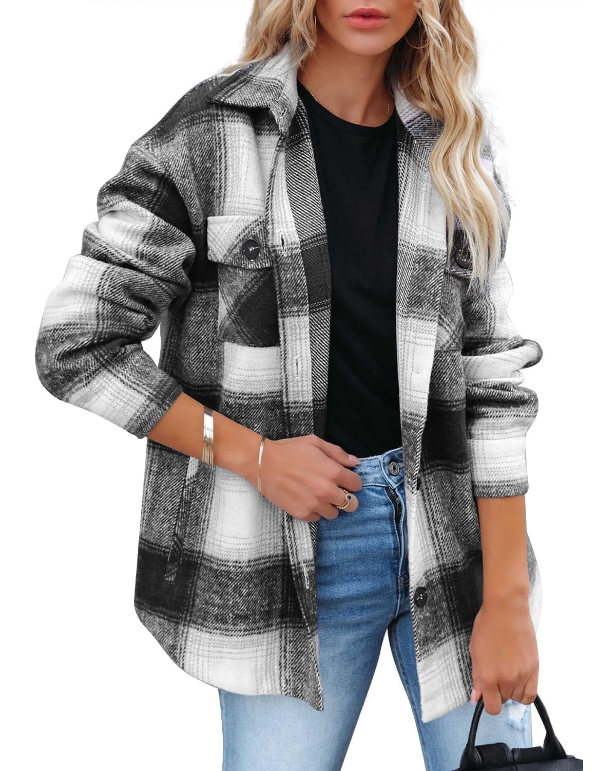 SMZ Women's Flannel Plaid Shacket - Long Sleeve Button-Down Jacket with ...