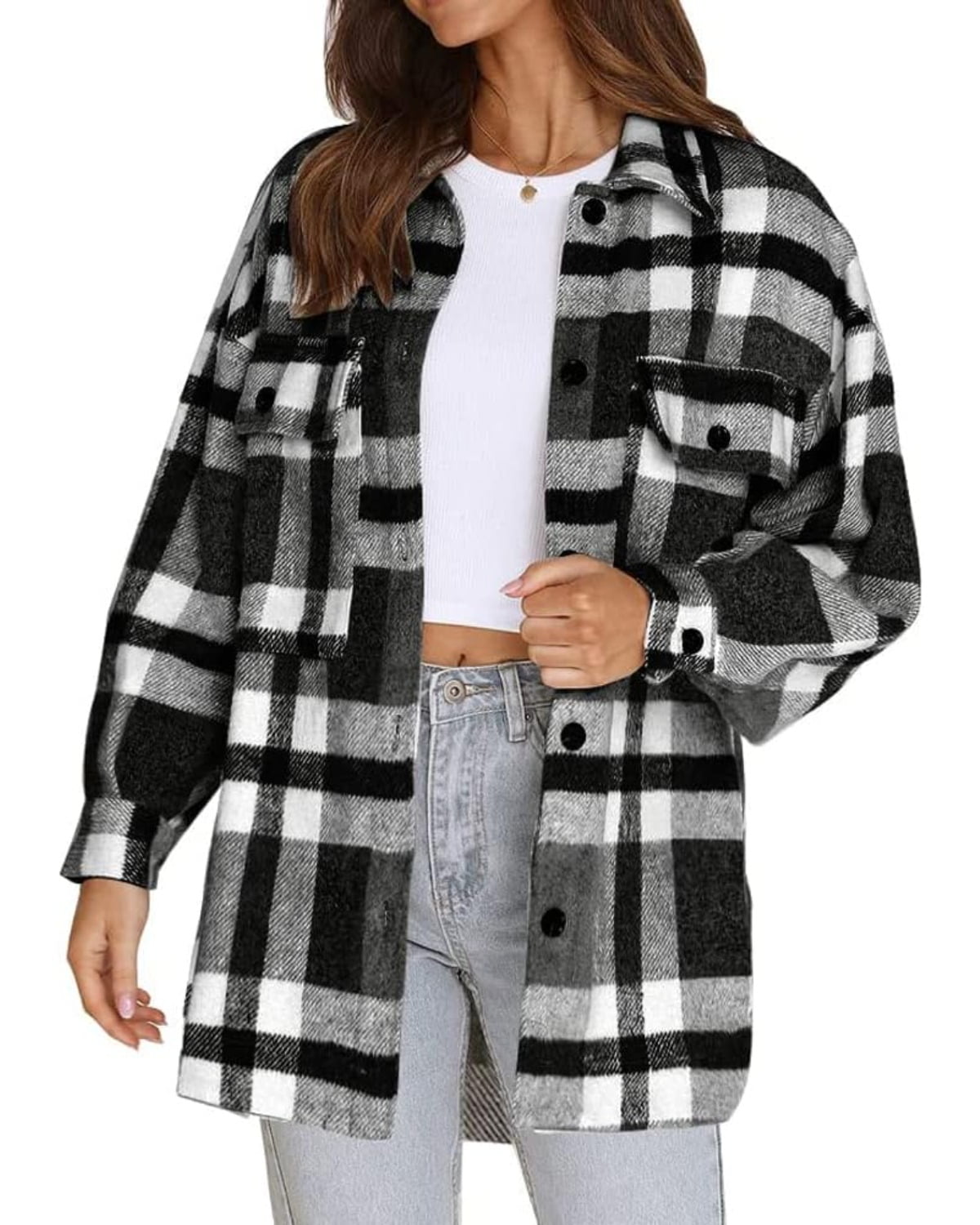 SMZ Women's Flannel Plaid Shacket - Long Sleeve Button-Down Jacket with ...