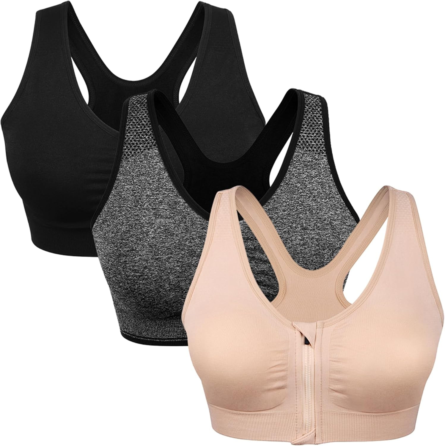 SMZ Women's Zip Front Sports Bra Wireless Post-Surgery Bra Active Yoga ...