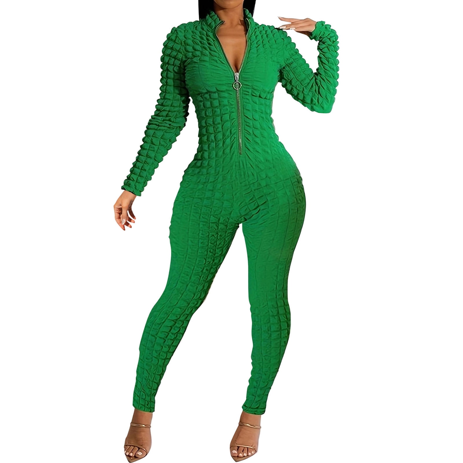 SMihono Bubble Texture Workout Jumpsuit for Women Zip Up Stand Collar ...