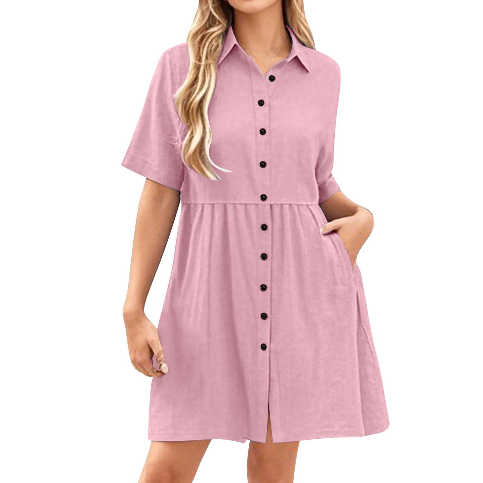 SMihono Button Down Shirt Dresses for Women Cotton Linen Short Sleeve Summer Dress Casual Loose ...