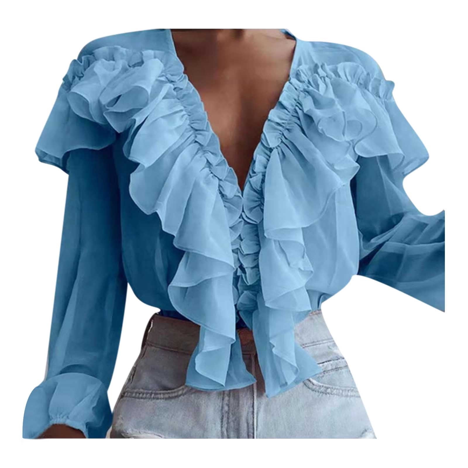 SMihono Women's Fashion Shirts Ruffle V-Neck Pullover Trendy Clothing ...