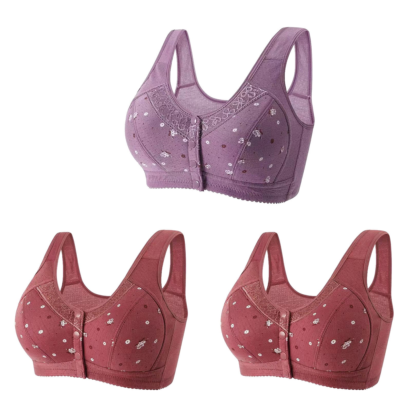SMihono Fashion Everyday Daisy Snap Lace Bra Pack of 3 Bras for Seniors ...