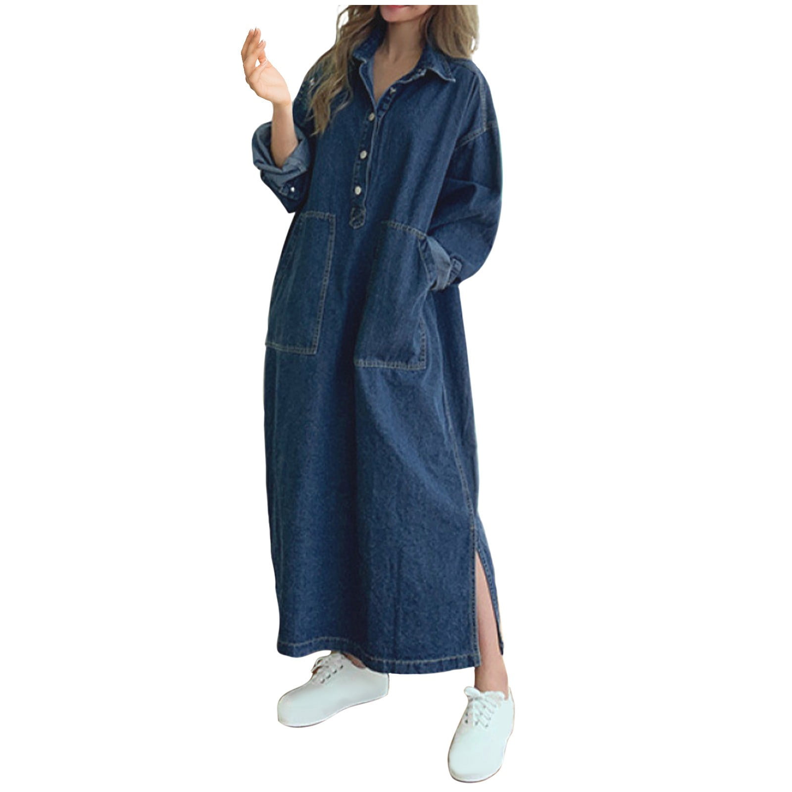 SMihono Fashion Womens Spring Fall Long Sleeve Denim Maxi Shirt Dress ...