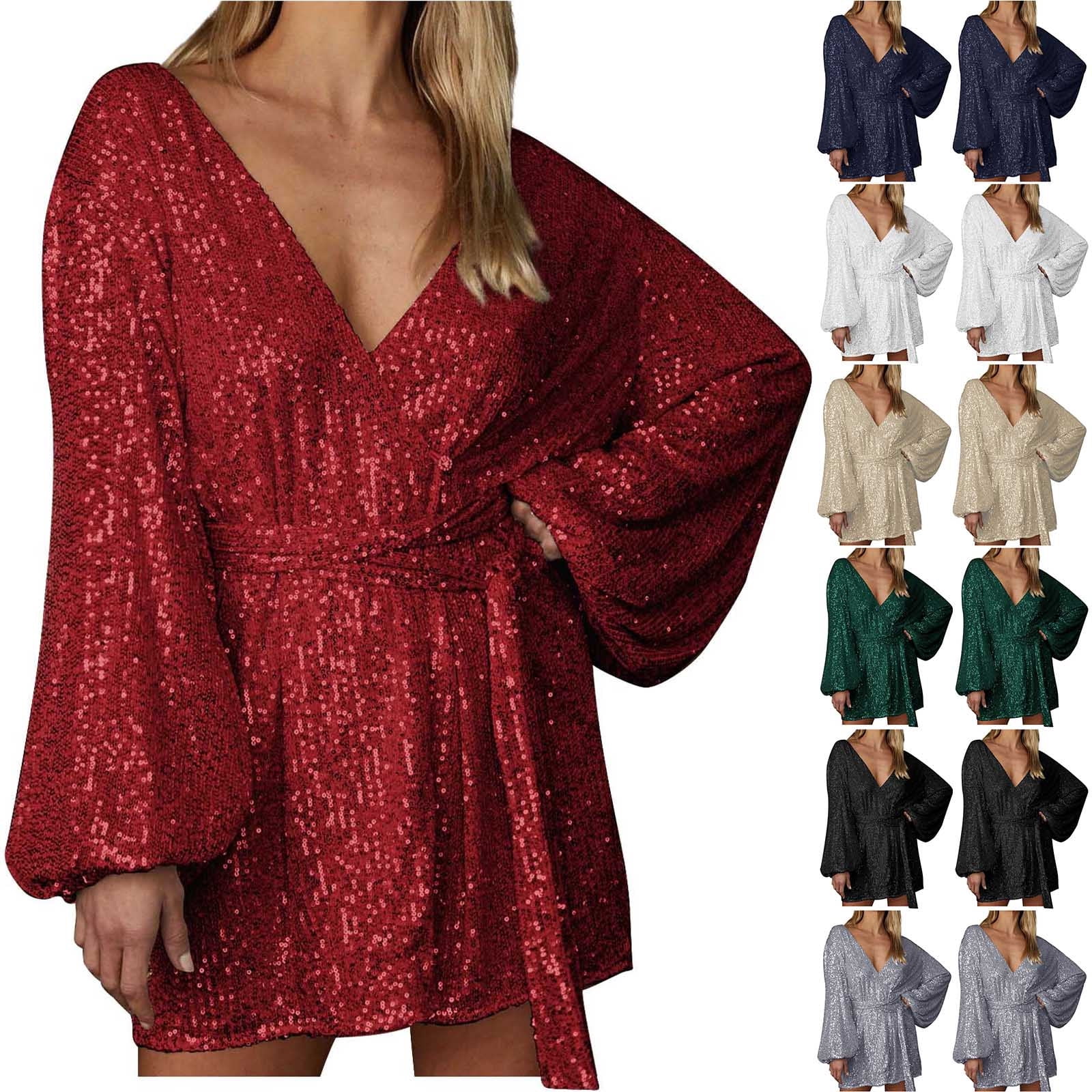 SMihono Sparkly Sequin Mini Wrap Dress for Women V-Neck Long Puff ...