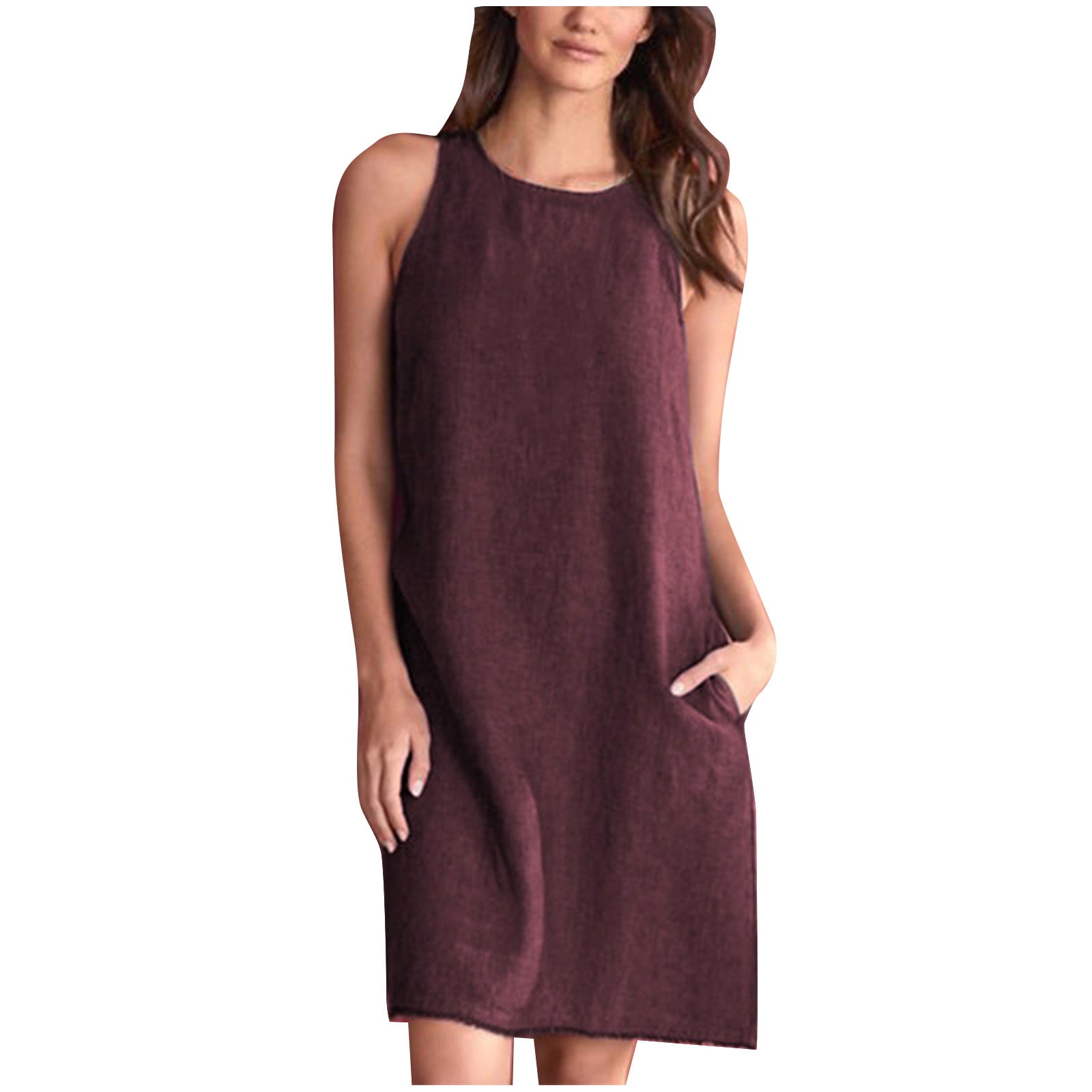 SMihono Summer Cotton Linen Shift Tank Dress with Pockets for Women ...