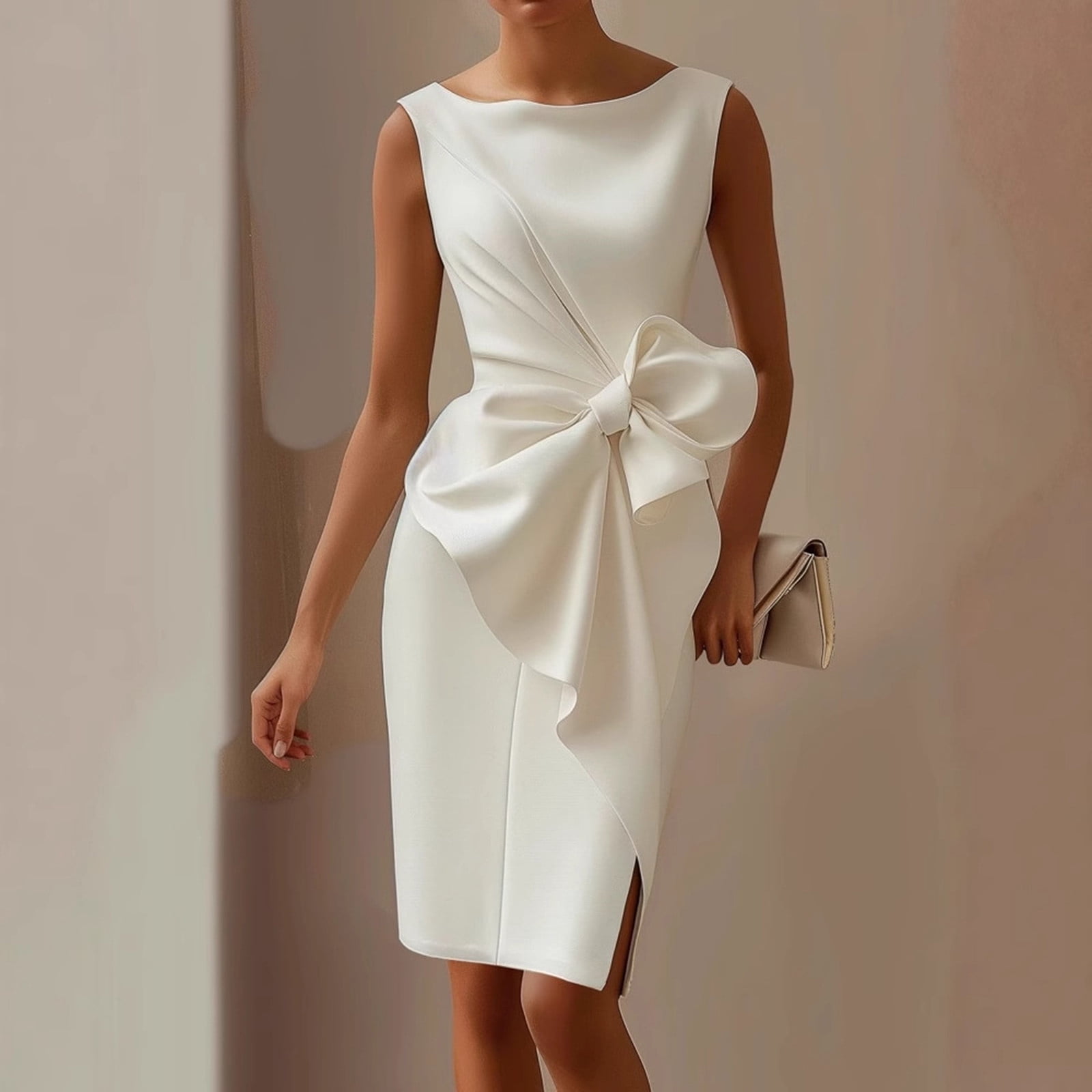 SMihono White Dress Women Formal Sleeveless Faux Wrap Ruched Sheath ...
