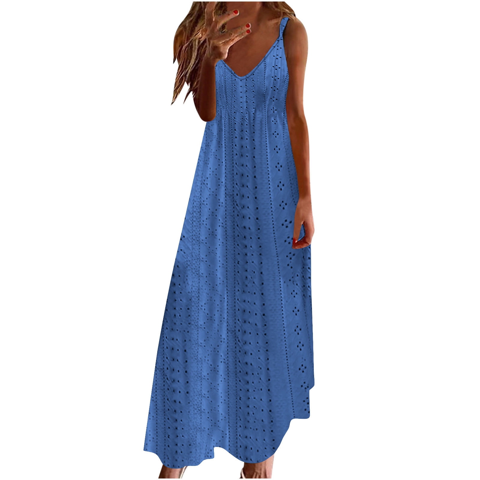 SMihono Women Eyelet Spaghetti Strap Sundress Casual Summer Long Maxi ...